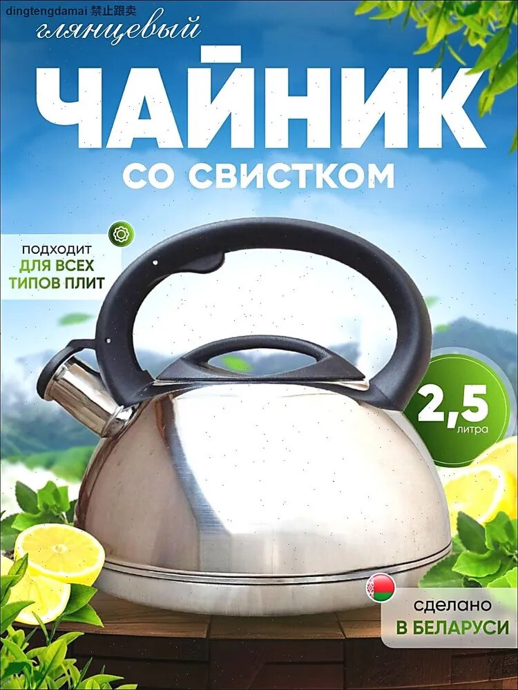 Чайник "Чайники" глянцевый со свистком из нержавеющей стали, 2.5 л, серебристый
