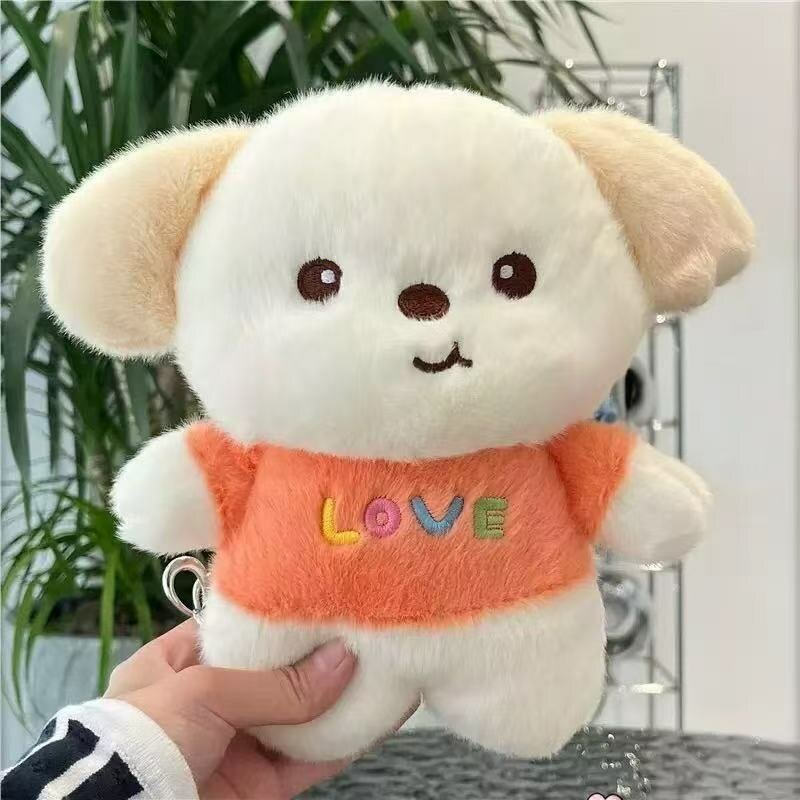 Плюшевая белая собачка в оранжевой футболке LOVE, мягкая пушистая игрушка 25 см