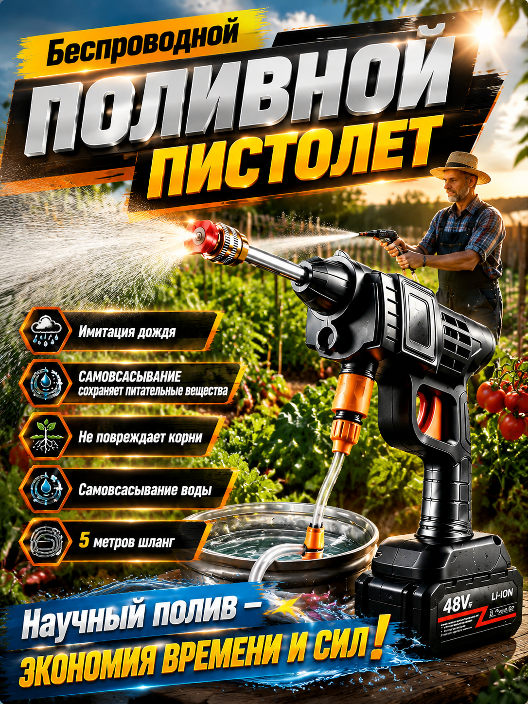 Насос аккумуляторный для полива из бочки, 48V