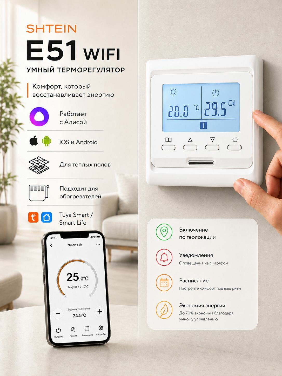Терморегулятор/термостат E51.716 Wi-Fi, белый