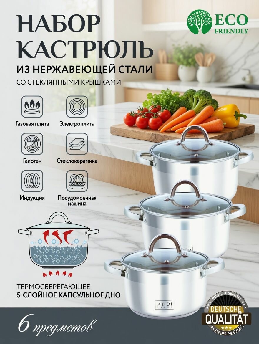 Набор Кастрюль С Крышкой И Толстым Дном Для Кухни и Готовки. Маленьких, Больших Из Нержавеющей Стали Для Газовых, Электрических, Индукционных Плит. AR-6612, 3шт