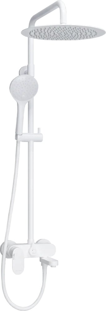 Душевая стойка Wasserkraft Mindel 8500 A185.161.155. WM со смесителем, белая, матовая, душевая система с тропическим душем, с изливом, с лейкой, латунная, рычаг сбоку