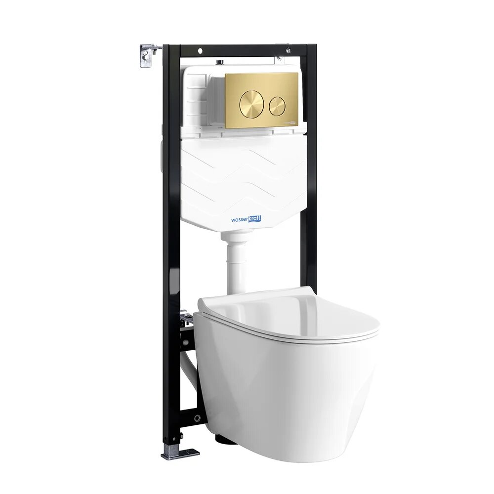 Комплект Унитаз подвесной WasserKRAFT Mindel H002 безободковый / Крышка для унитаза E034 ¶+ Система инсталляции для унитазов Aller 10TLT.010. ME, Кнопка смыва MG02