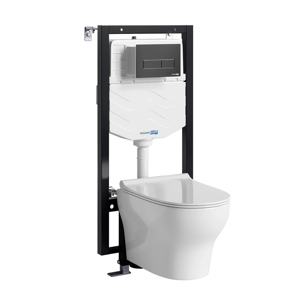 Комплект Унитаз подвесной WasserKRAFT Berkel H001 безободковый / Крышка для унитаза E034 / Система инсталляции для унитазов Vils 56TLT.010. ME, Кнопка смыва MB03