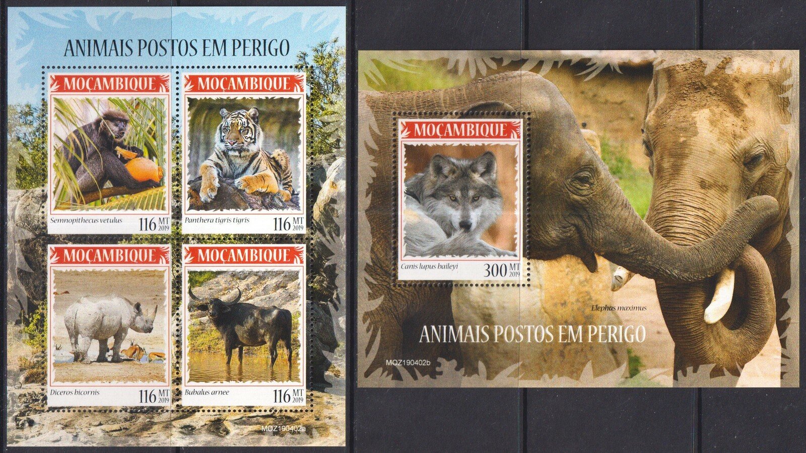 Марки 2019 год Мозамбик Исчезающие виды Слоны Тигры #10480-3+Bl1535 Mnh