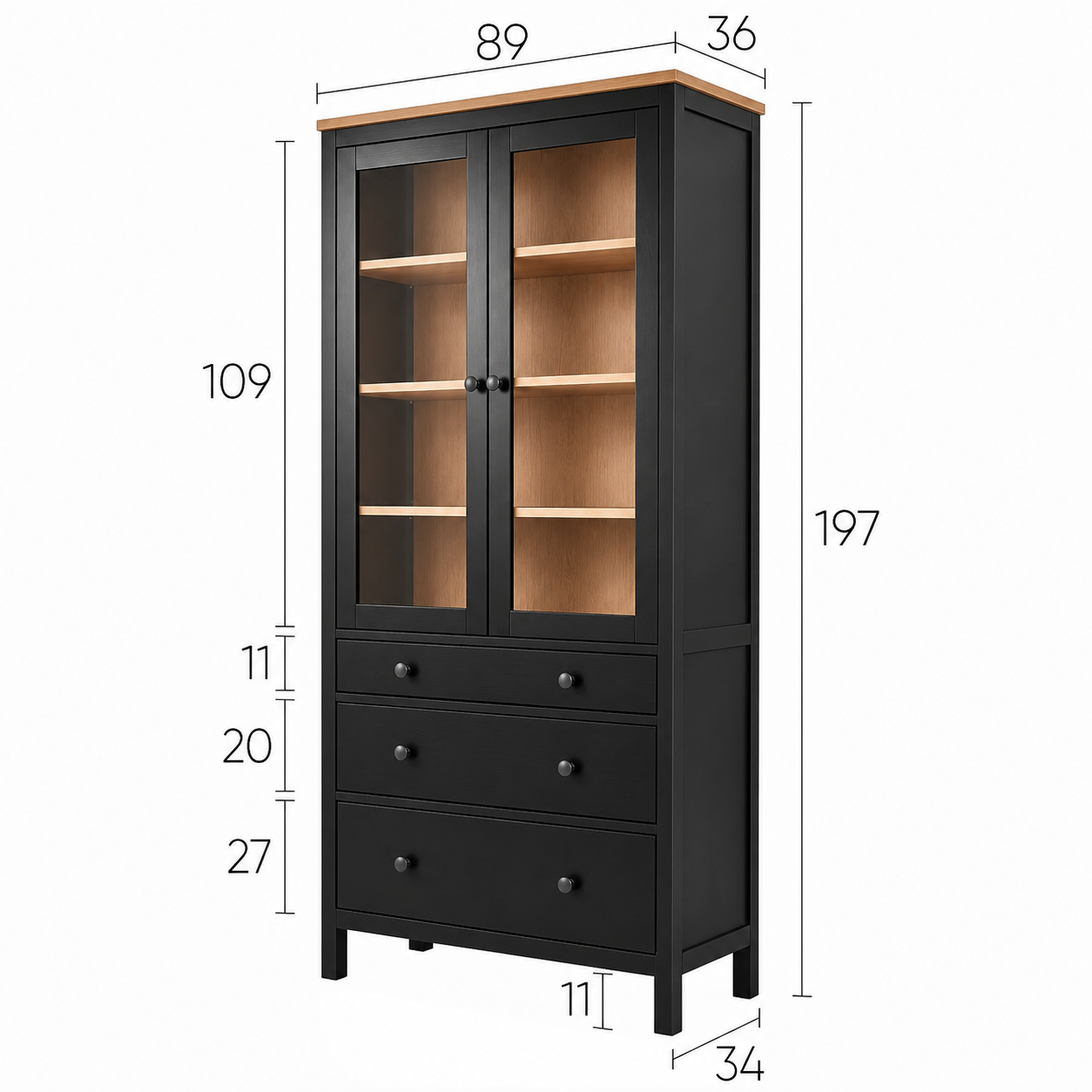 Шкаф витрина 3 ящика широкий HEMNES Кымор, массив сосны, цвет черный/светло-коричневый, (икеа)