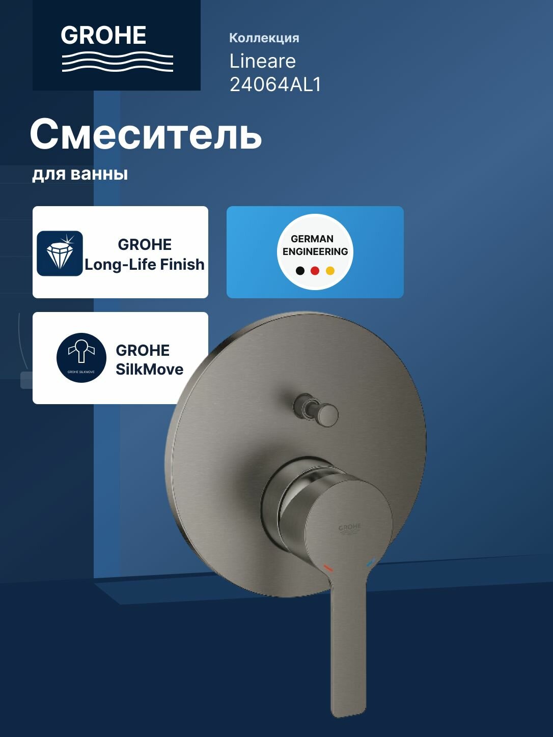 Внешняя часть смесителя для ванны GROHE Lineare, темный графит матовый (24064AL1)