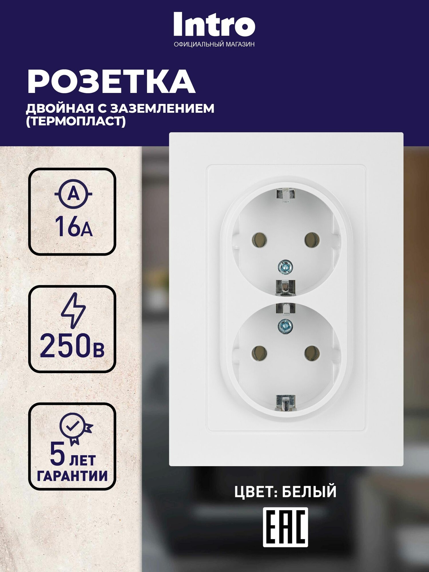 Розетка Intro Accent 6-205-01 с заземлением двойная 2X2P+E, 16А 250В, IP20, скрытой установки, белая двойная розетка с заземлением 16А 250В IP20 белая