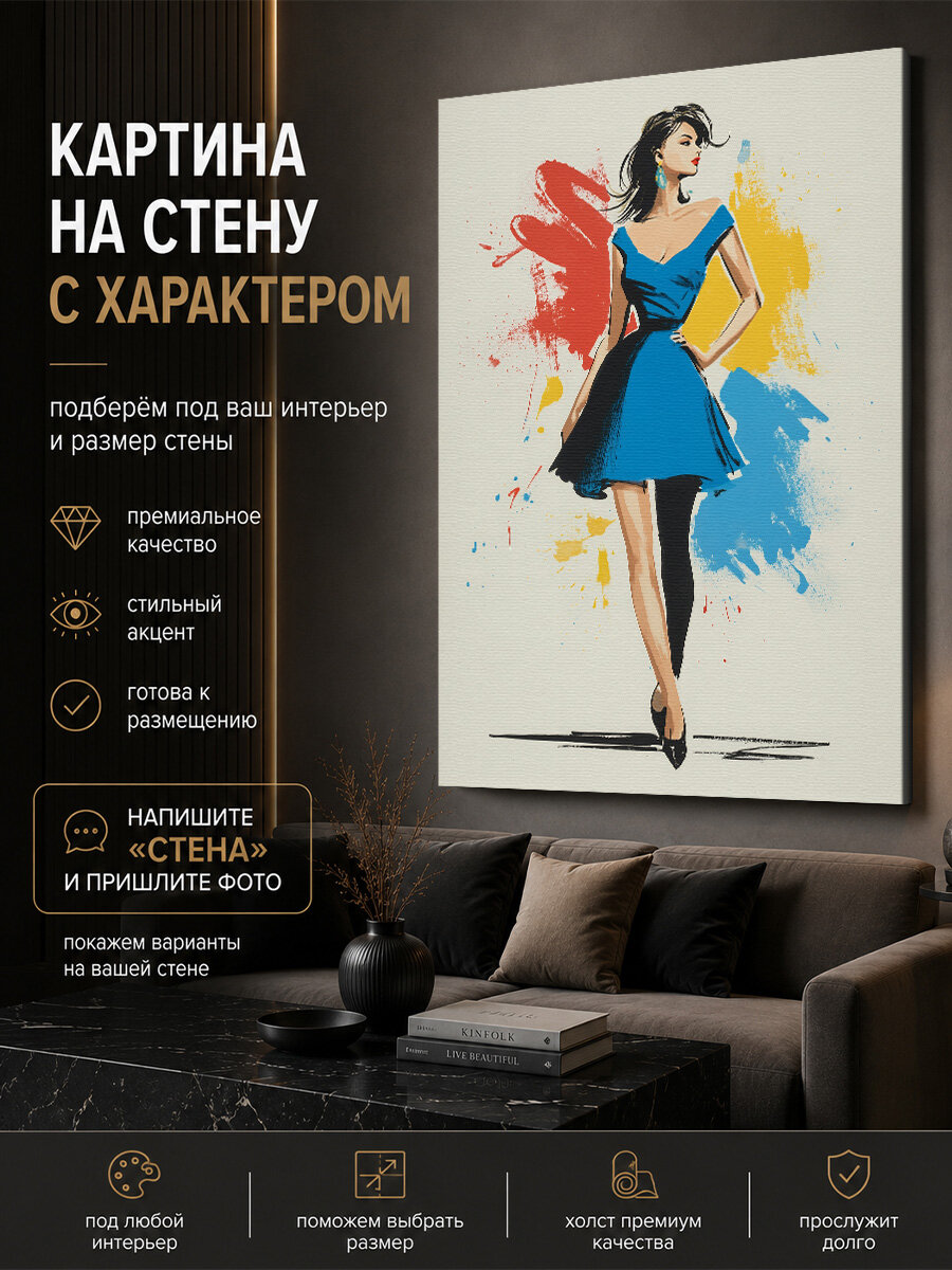 Интерьерная картина девушка в синем платье в профиль с рукой на бедре в ярких тонах для гостиной, 60х80 см