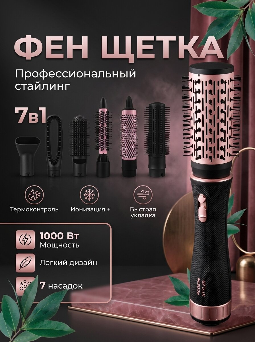 Фен-щетка 7 в 1, мощность 2000Вт, вращение шнура, турмалин, фен