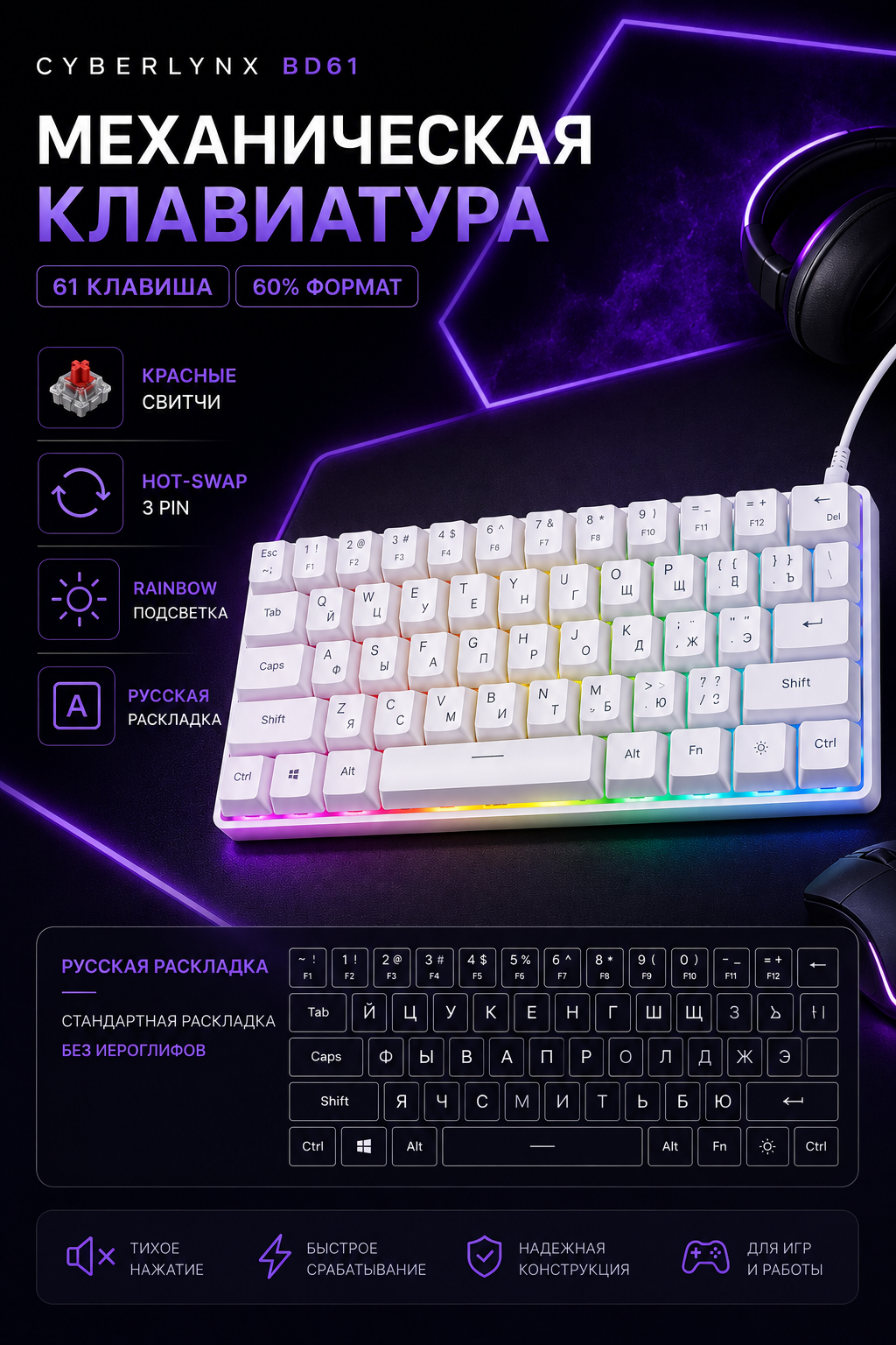 Механическая игровая клавиатура CyberLynx BD61 (Red Switch), белый