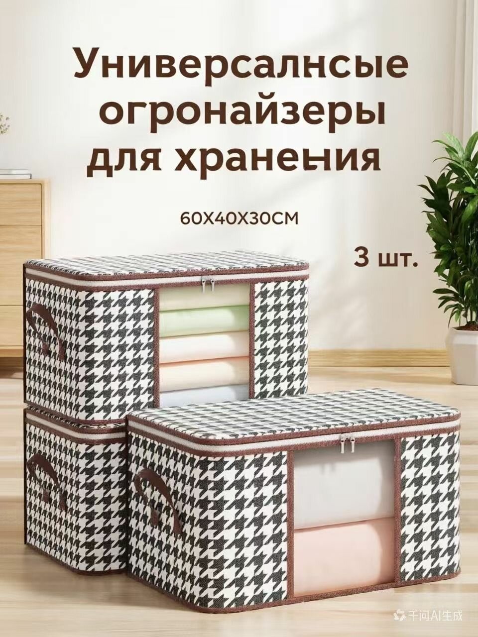 Органайзер для белья и одежды 60x40x30 см белый нетканое волокно 3 шт, с ручками для переноски, складная конструкция
