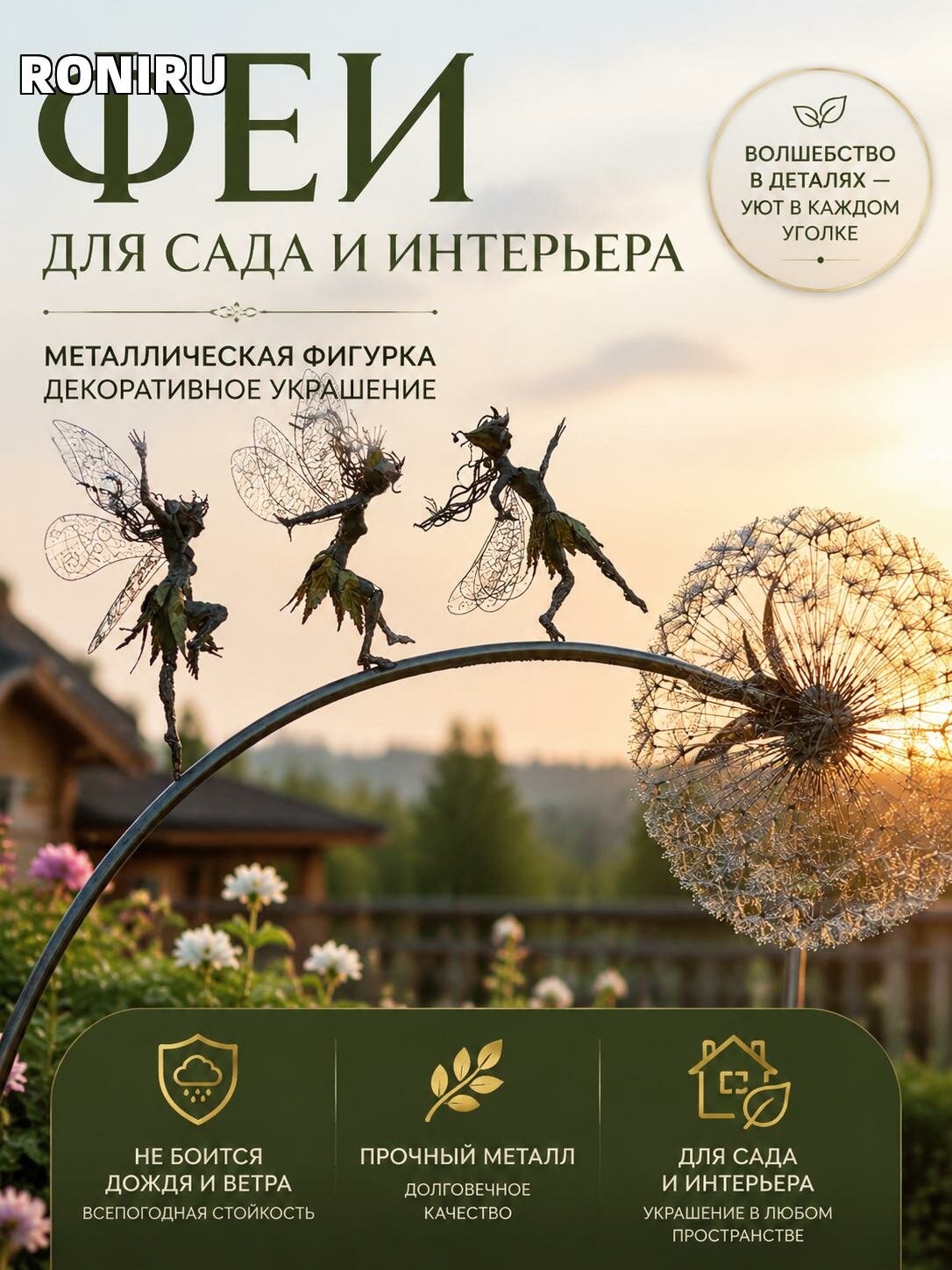 Металлическая фигурка феи для сада и интерьера — декоративное украшение для дачи, устойчивая к дождю и ветру!