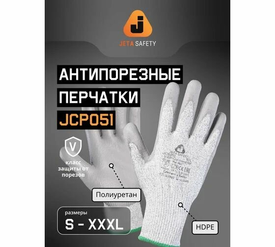 Сверхпрочные перчатки от порезов (5 класс) Jeta Safety, р. XL/10
