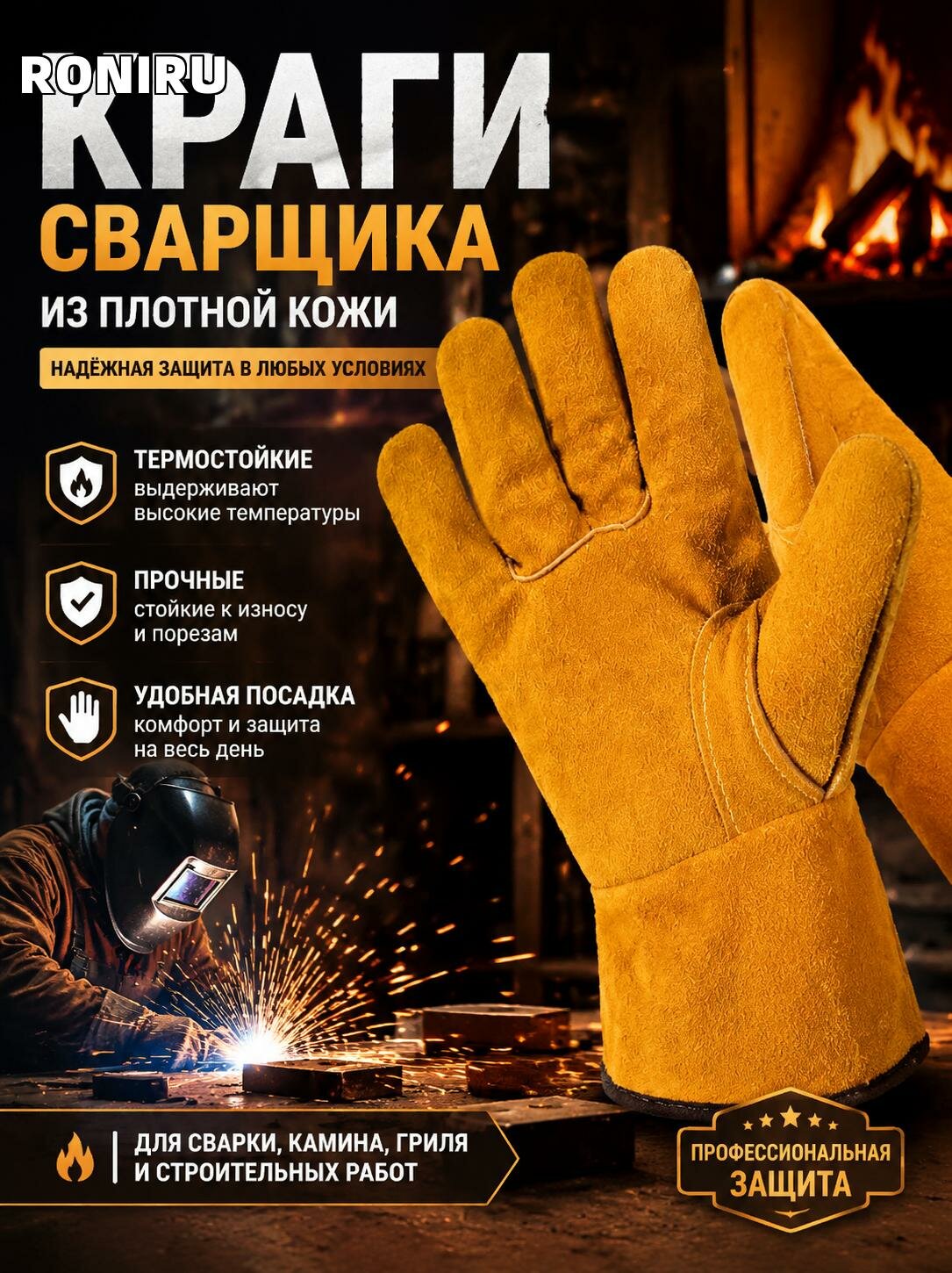 Краги сварщика из плотной кожи — термостойкие длинные рабочие перчатки для сварки, камина и гриля, для строителя