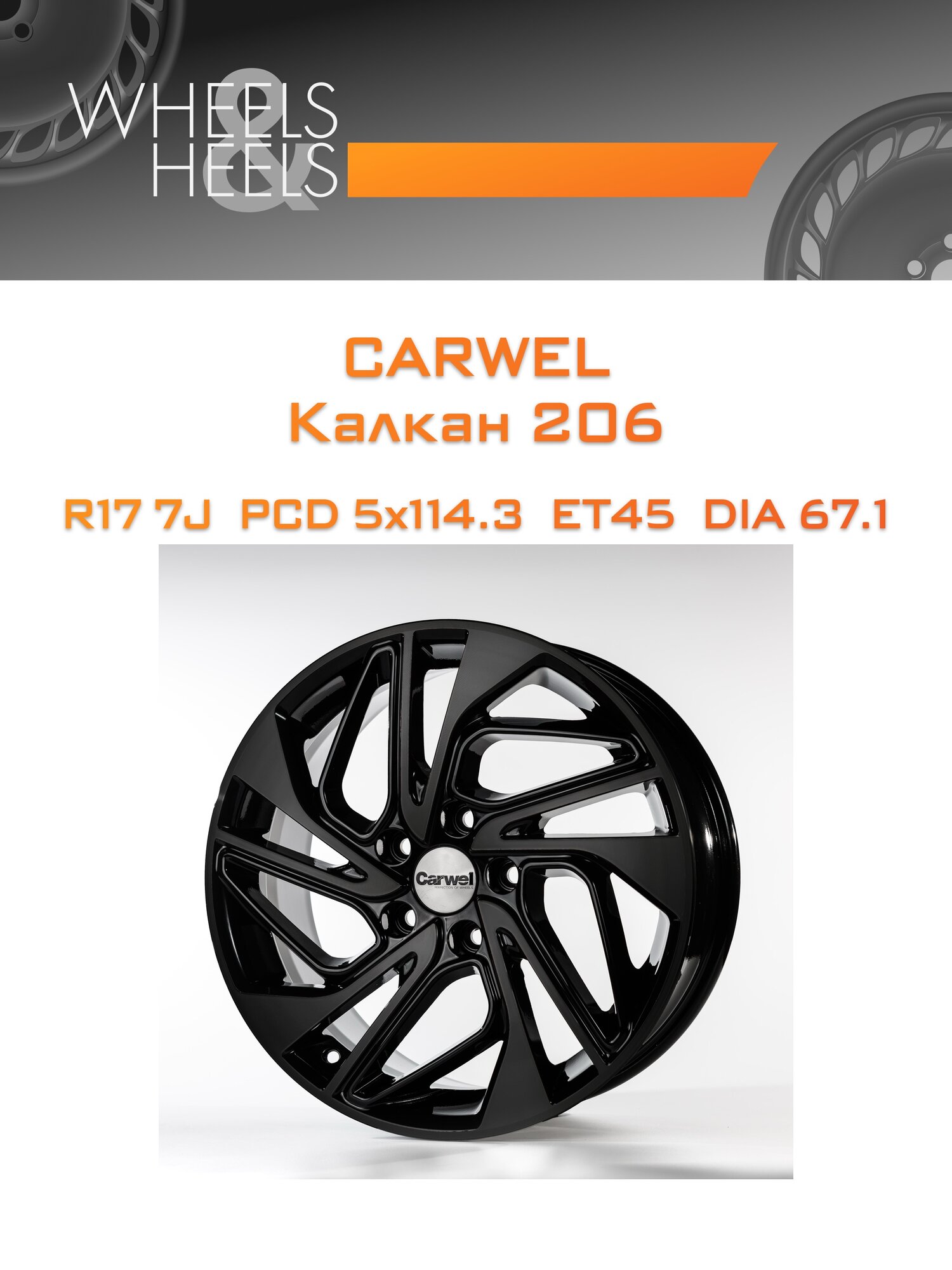 Диск автомобильный литой Carwel Калкан 206 17x7 5x114.3 et45 dia67.1 Чёрный глянцевый