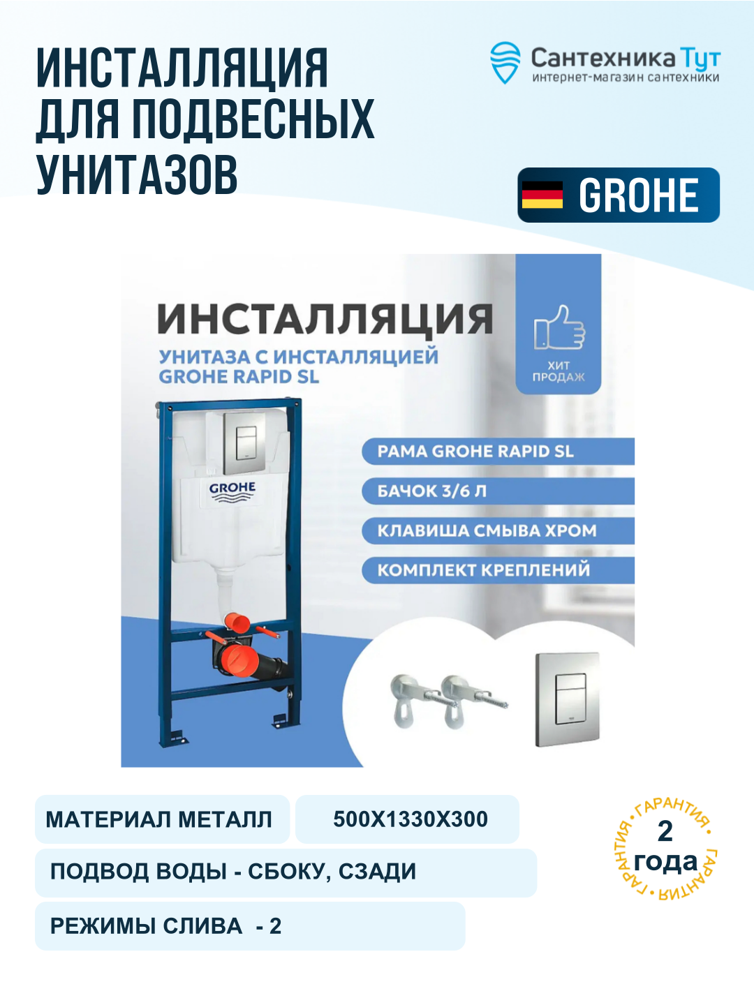 Инсталляция для унитаза Grohe 38772001 с бачком и кнопкой смыва хром