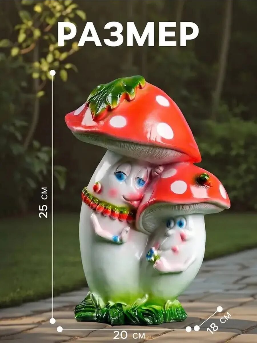 Яркая садовая фигура в виде мухоморов