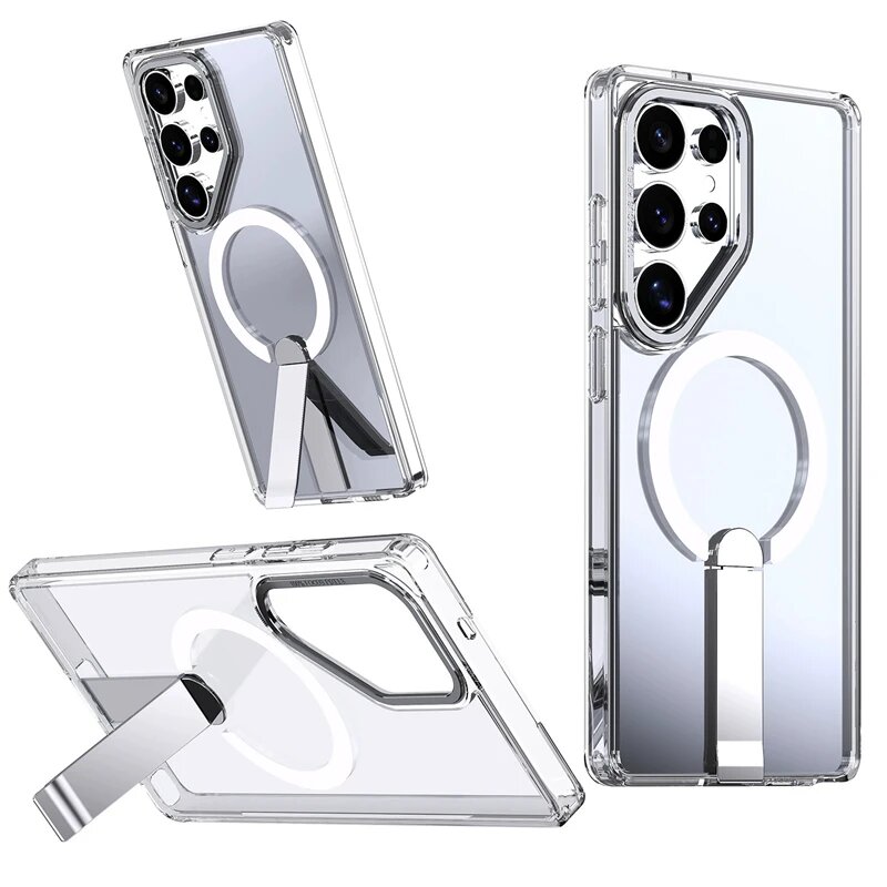 Магнитный чехол-подставка Hidden Metal Stand для Samsung Galaxy Galaxy S26 Ultra, Серебряный, Clear