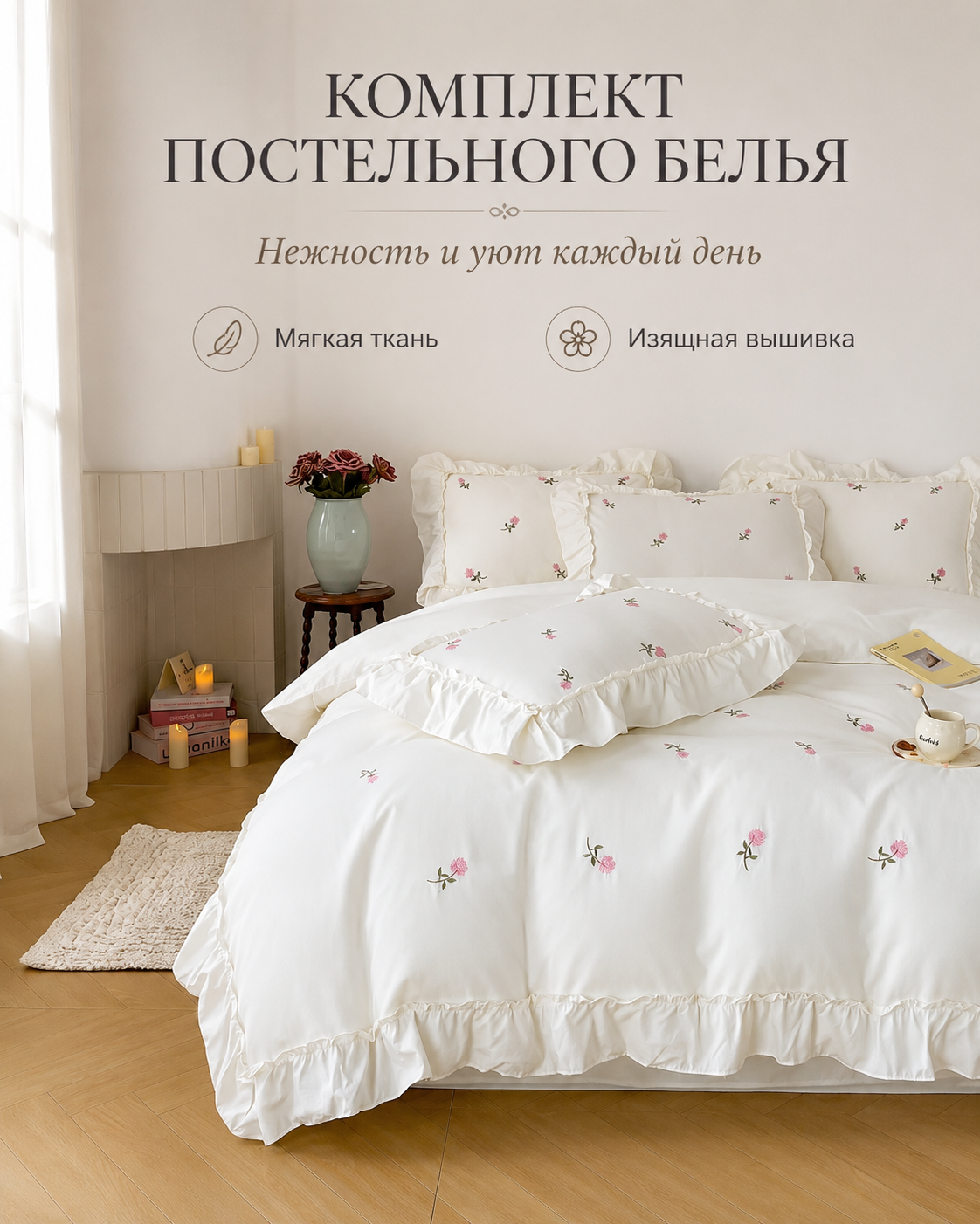 Комплект постельного белья, Поплин, Евро, наволочки 200*230 наволочки50x70 штуки
