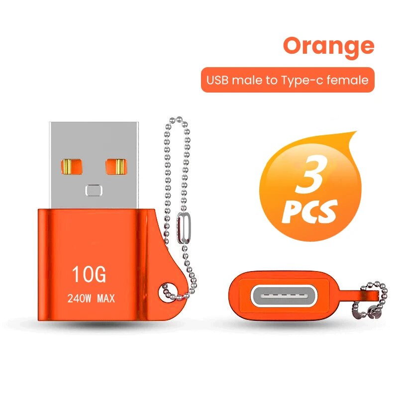 3шт. USB-A to Type-C адаптер, оранжевый, 10G, 240W