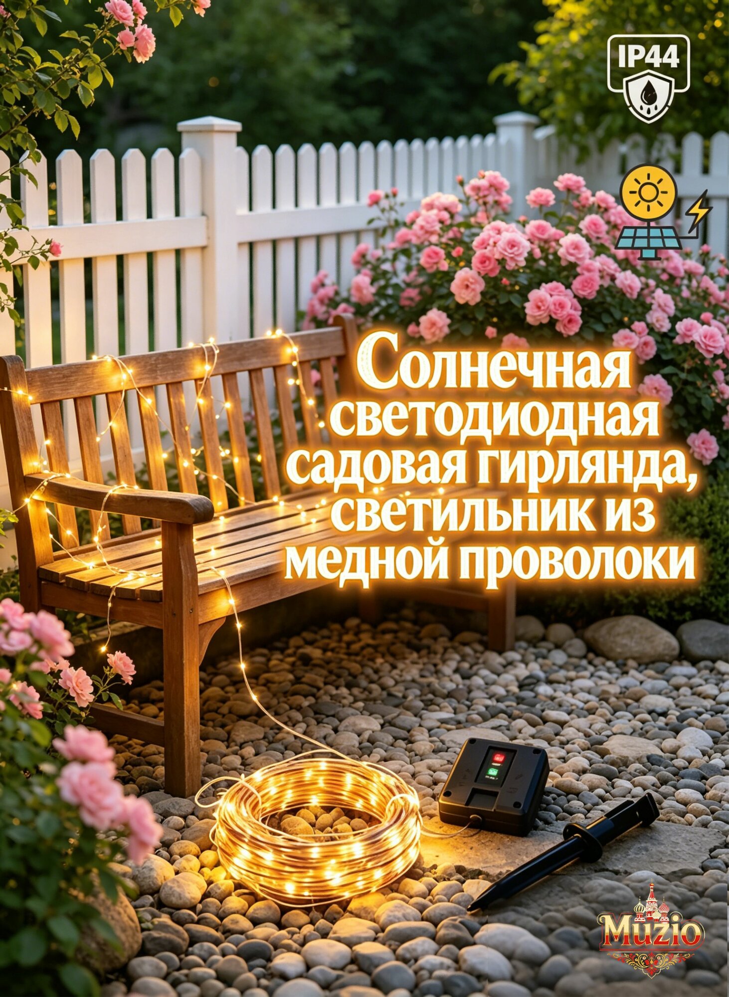Электрогирлянда уличная Нить Светодиодная 300 ламп, 32 м, питание Солнечная батарея, 1 шт