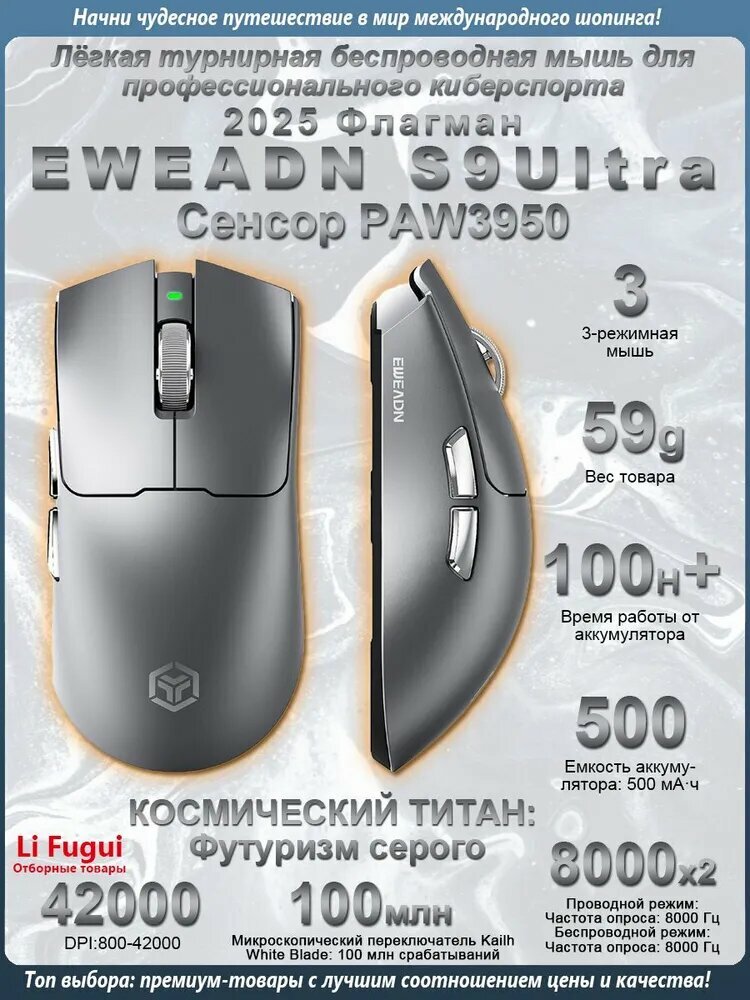 Игровая мышь беспроводная S9 Ultra, серебристый, желтый