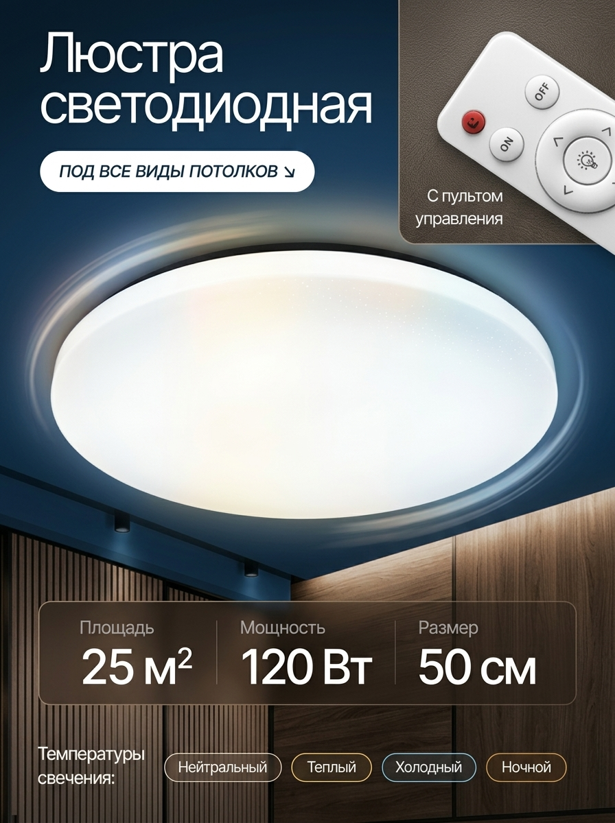 Люстра LED KNOW EASY, 120Вт, круглая, на пульте, с пультом, светодиодная, белая