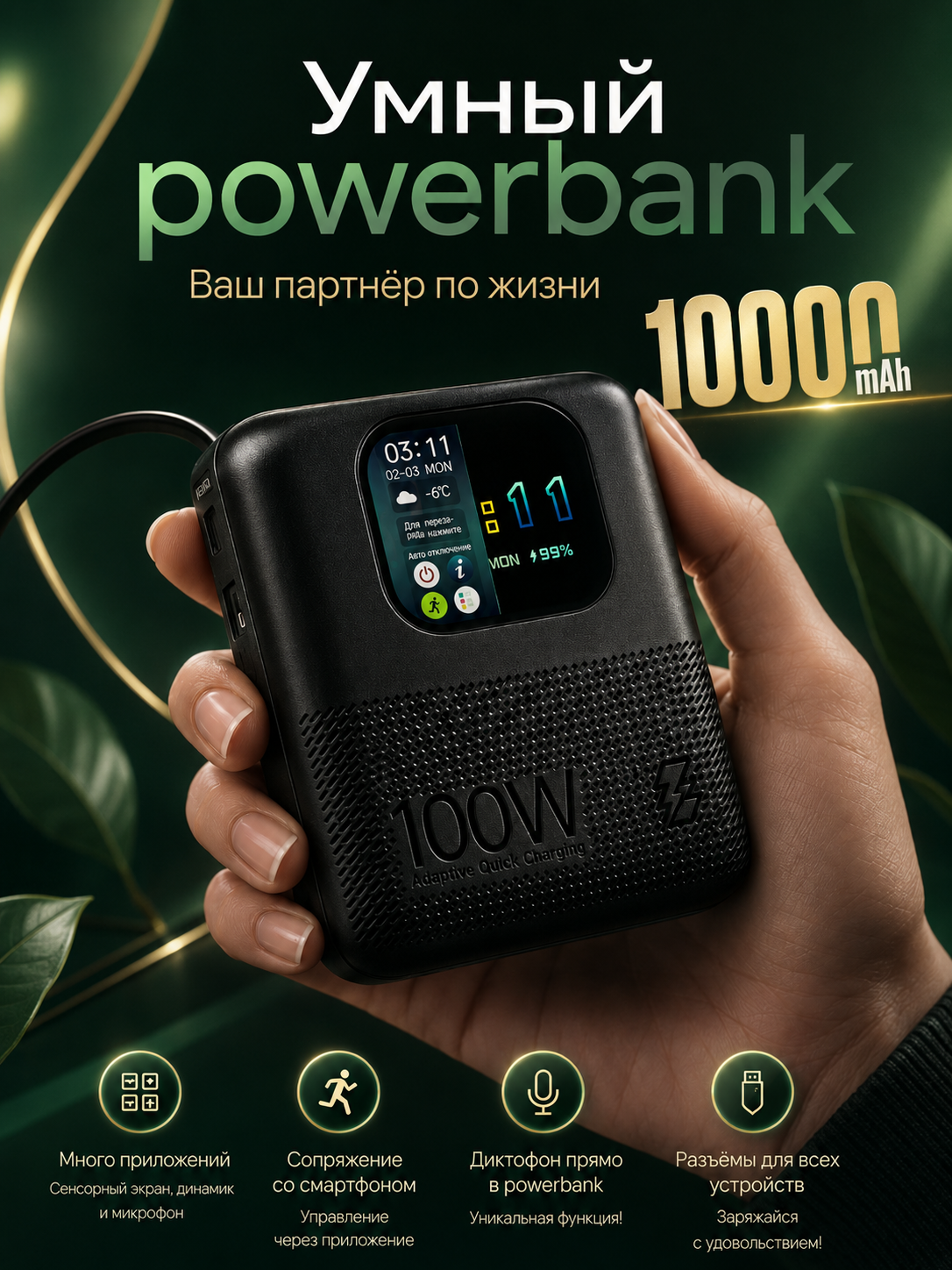 Портативный внешний аккумулятор POWER BANK M2 10000 mAh, 3 порта, 3 встроенных зарядных кабеля, Черный