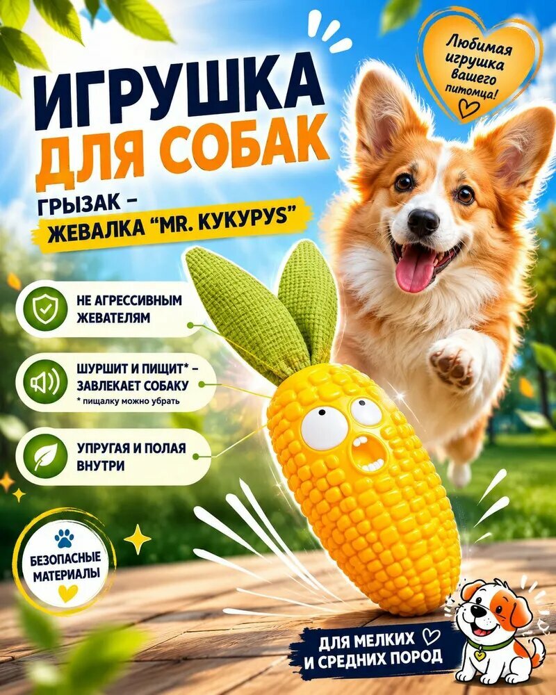 Игрушка для собак PAWSitive / Грызак для мелких и средних пород / Жевательная пищалка грызунок для щенков