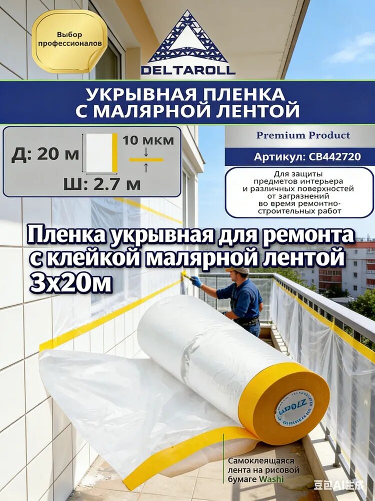 Пленка укрывная для ремонта с клейкой малярной лентой 3х20м