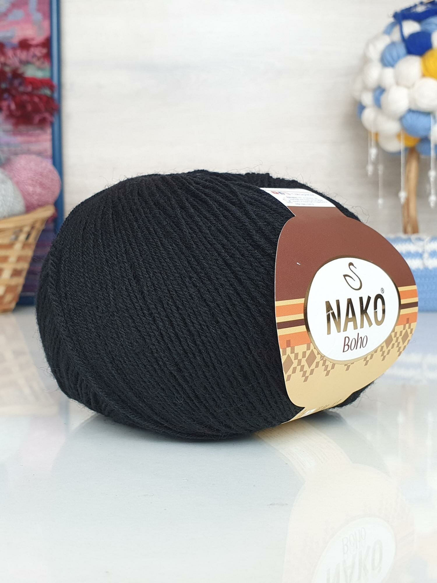 Пряжа Boho Nako, черный - 217, 75% шерсть, 25% полиамид, (4 / 5) мотков, 100 г, 400 м.
