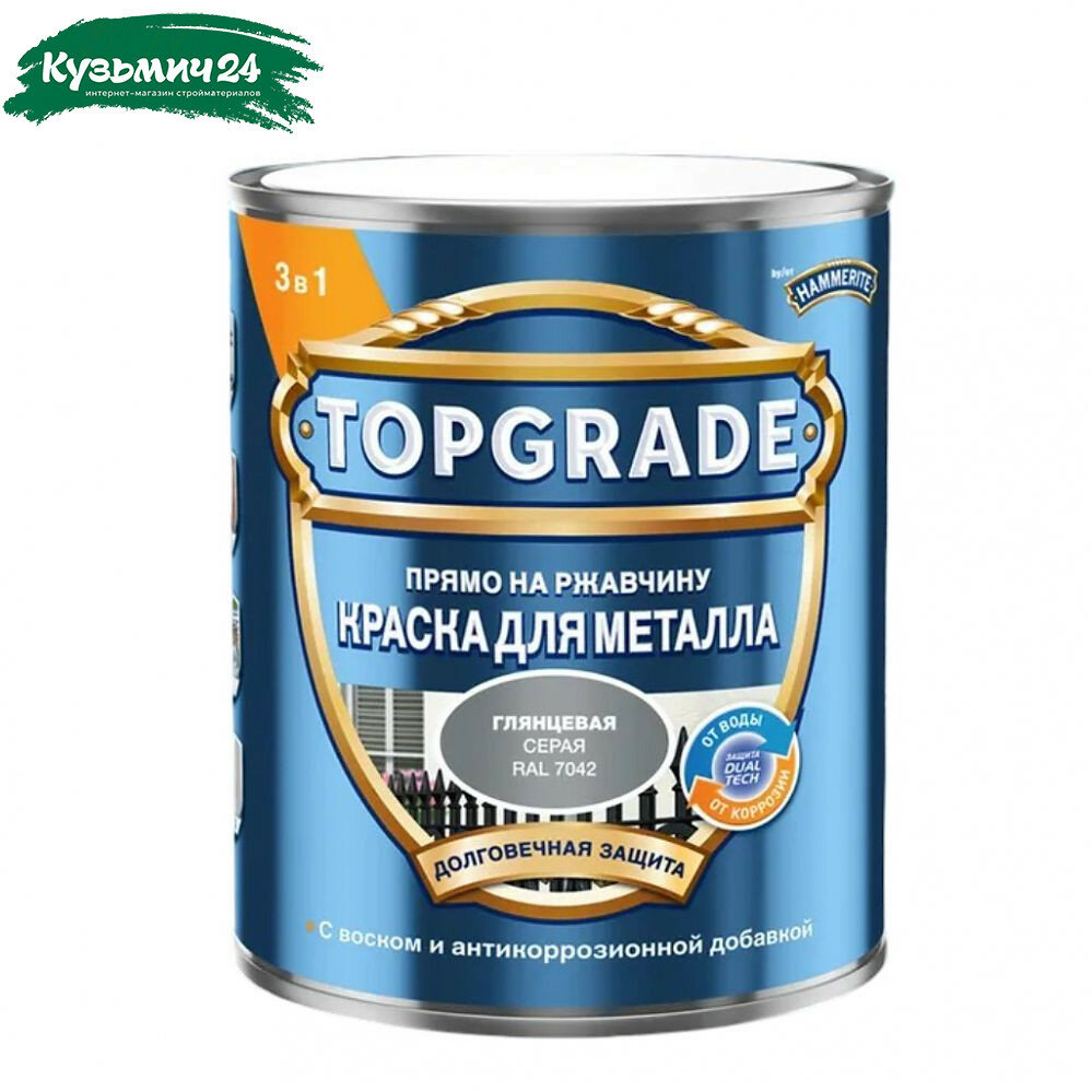 Краска TOPGRADE для металла, прямо на ржавчину 3 в 1, глянцевая гладкая серая RAL 7042, 0,75 л