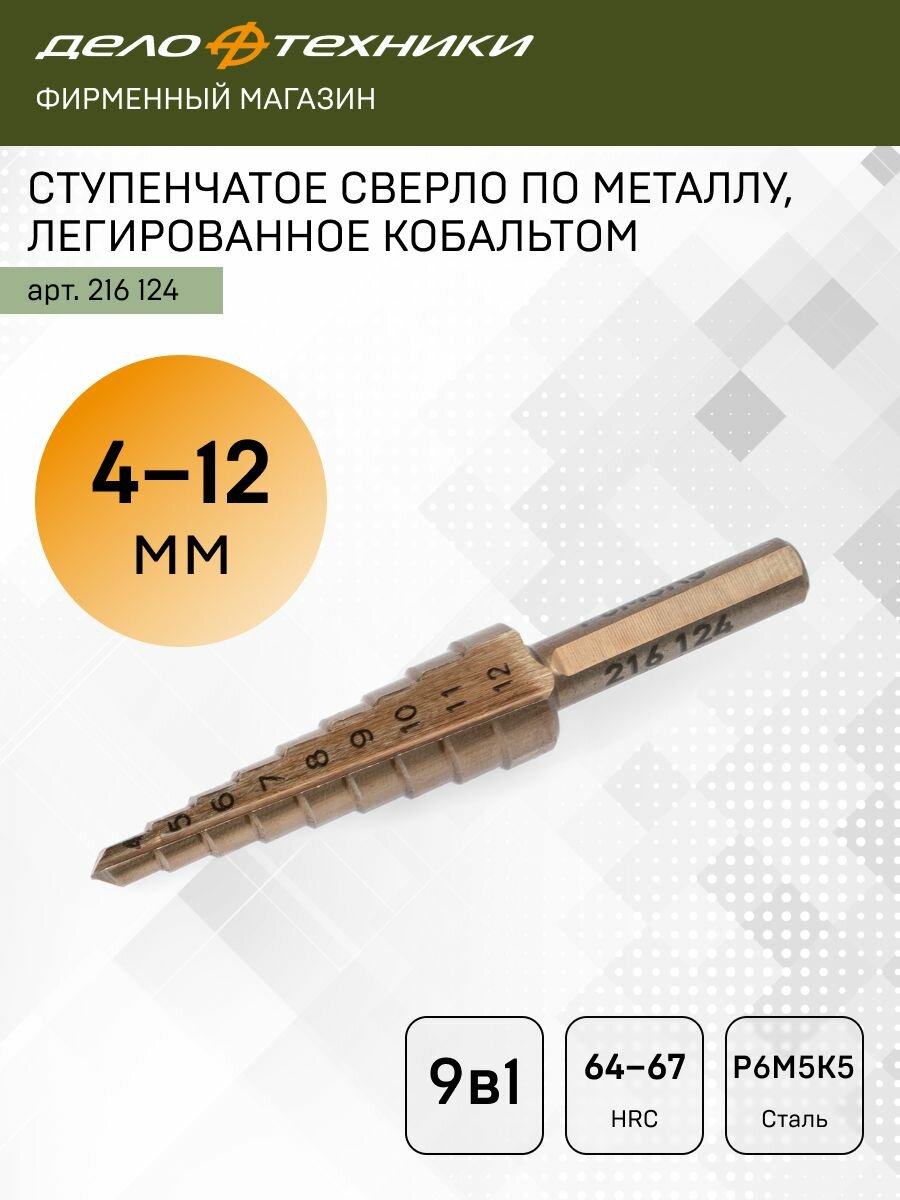 Сверло ступенчатое по металлу Дело Техники, 9 ступеней, диаметр 4 - 12 мм, 216124