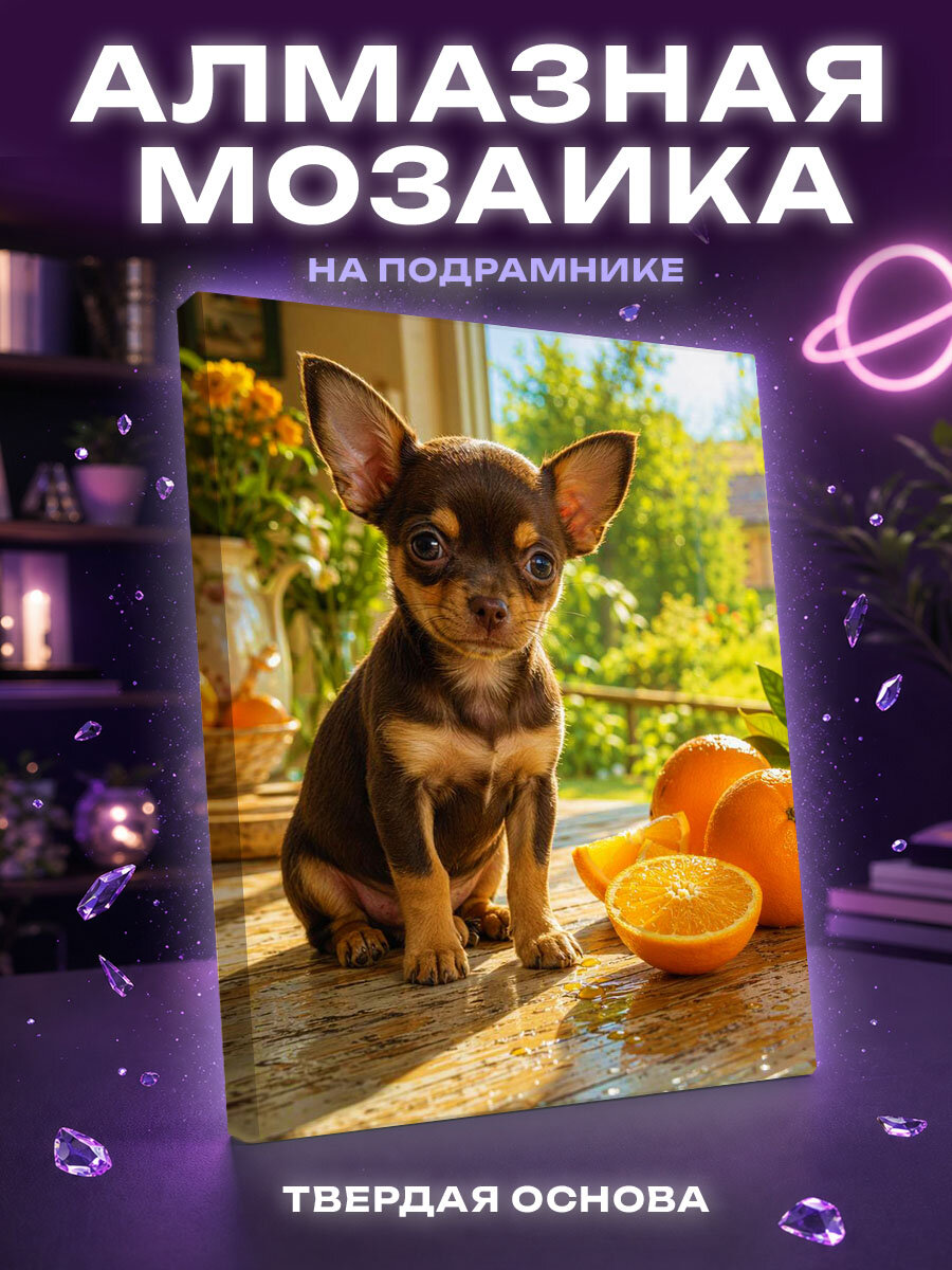 Алмазная мозаика щенок чихуахуа на кухне среди апельсинов