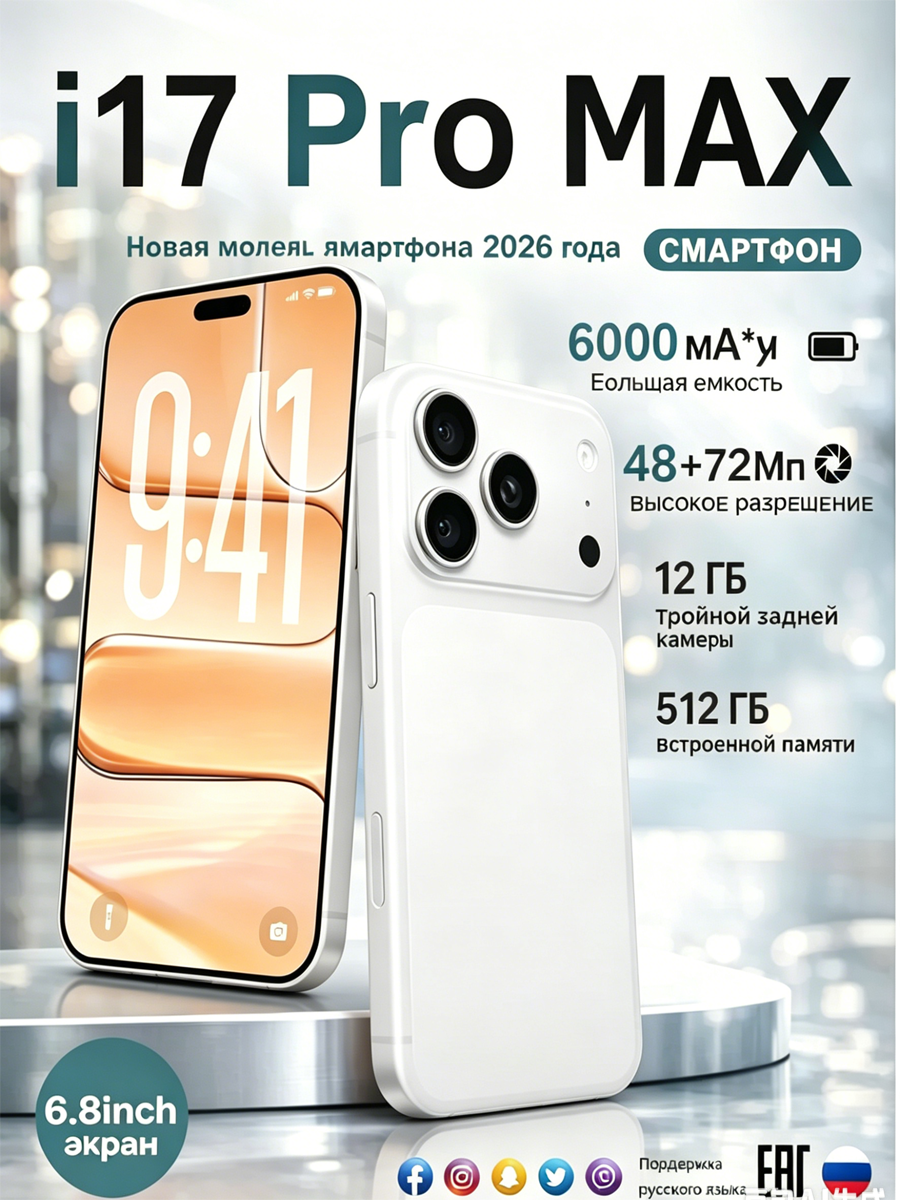 Смартфон i17 Pro Max, Android 14, 12Гб+512Гб, камера 48Мп, экран 6.8", 2 SIM