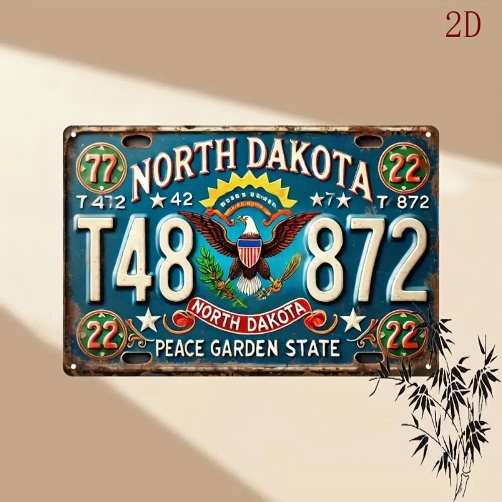 Табличка "North Dakota T48 872 Peace Garden State", ретро стиль, металл, декор с американской штатной культурой, 15х30 см.