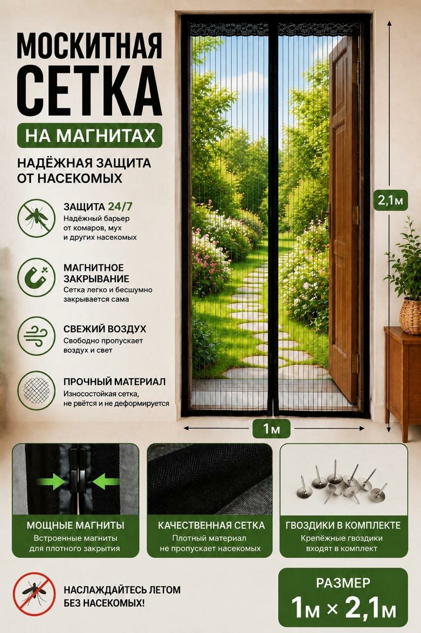Антимоскитная сетка черная на дверь на магнитах. Размер 1м*2,1м дверная магнитная сетка от комаров