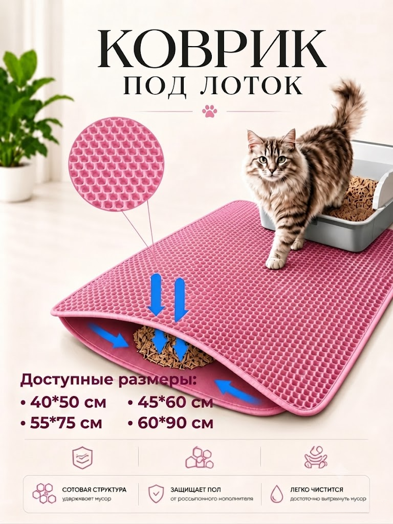 Двухслойный коврик под лоток из экологичного EVA, сотовая поверхность, влагостойкое дно, удобная очистка кошачьего наполнителя