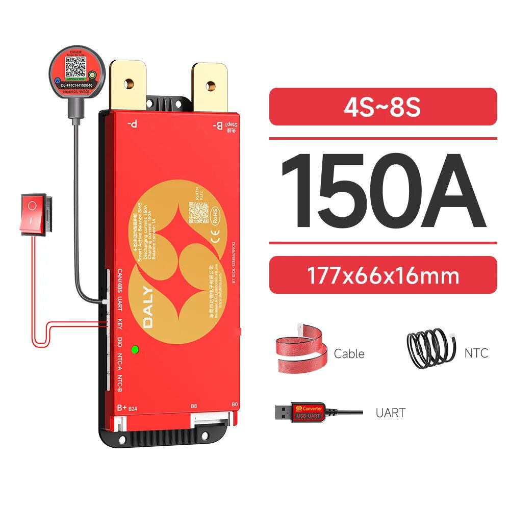 Активный BMS DALY Smart для LiFePO4 4S/8S/16S 24В/12В/48В 100А/150А/40А/60А/200А 4S-8S 150A WIFI BMS
