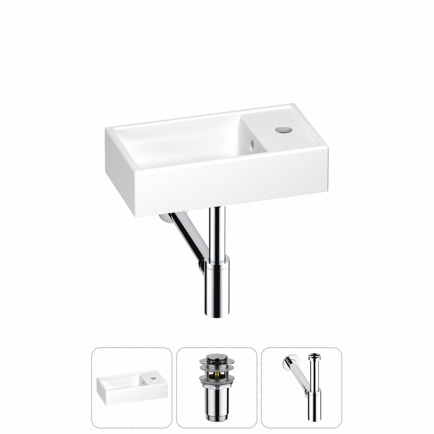 Маленькая раковина в туалет подвесная Wellsee WC Area 202010459 в наборе 3 в 1: керамическая узкая раковина 40 см, донный клапан, сифон (цвет набора хром)