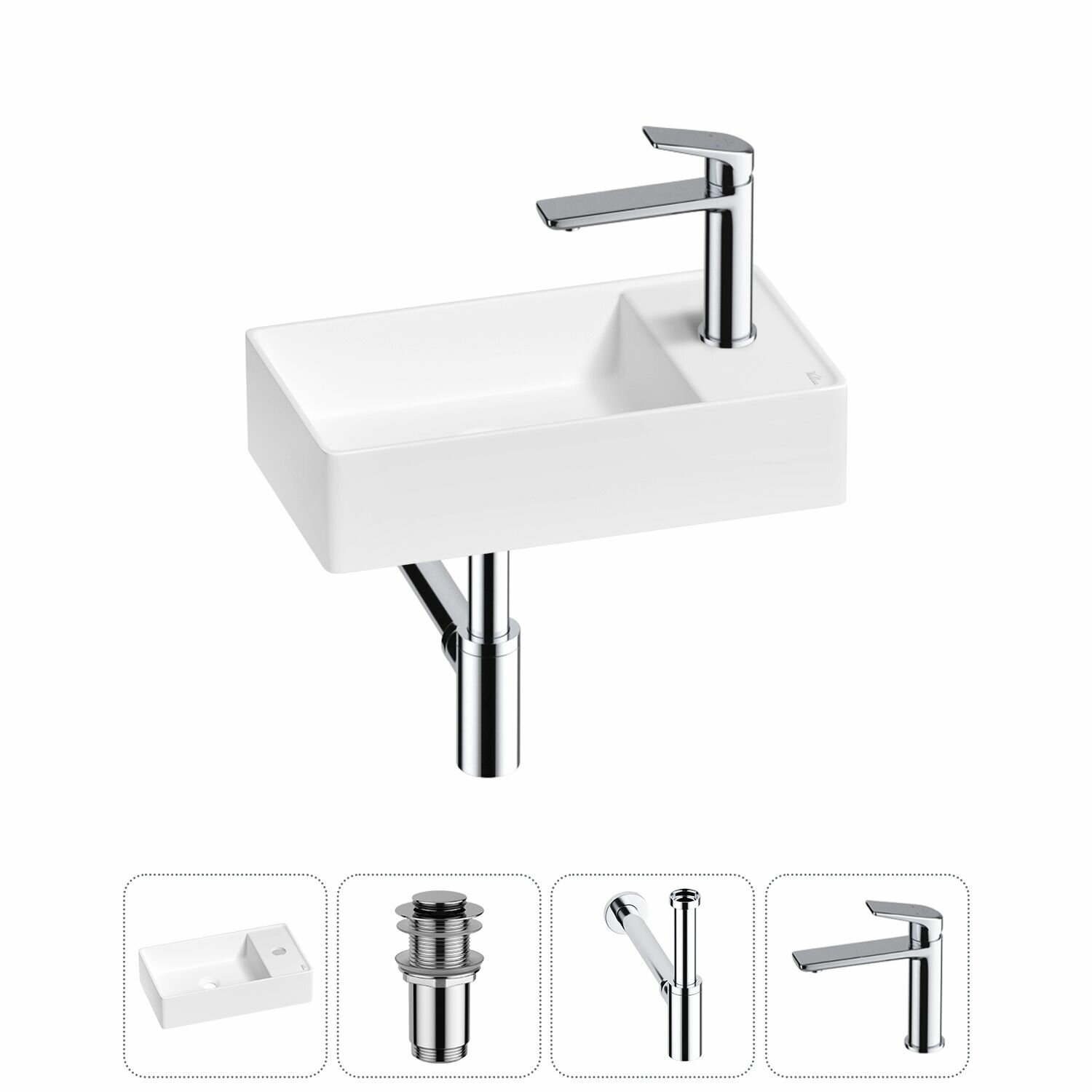 Маленькая раковина в туалет Wellsee WC Area 20213634R в наборе 4 в 1: узкая мини-раковина 41 см (матовый белый), донный клапан, сифон, смеситель (цвет набора хром)