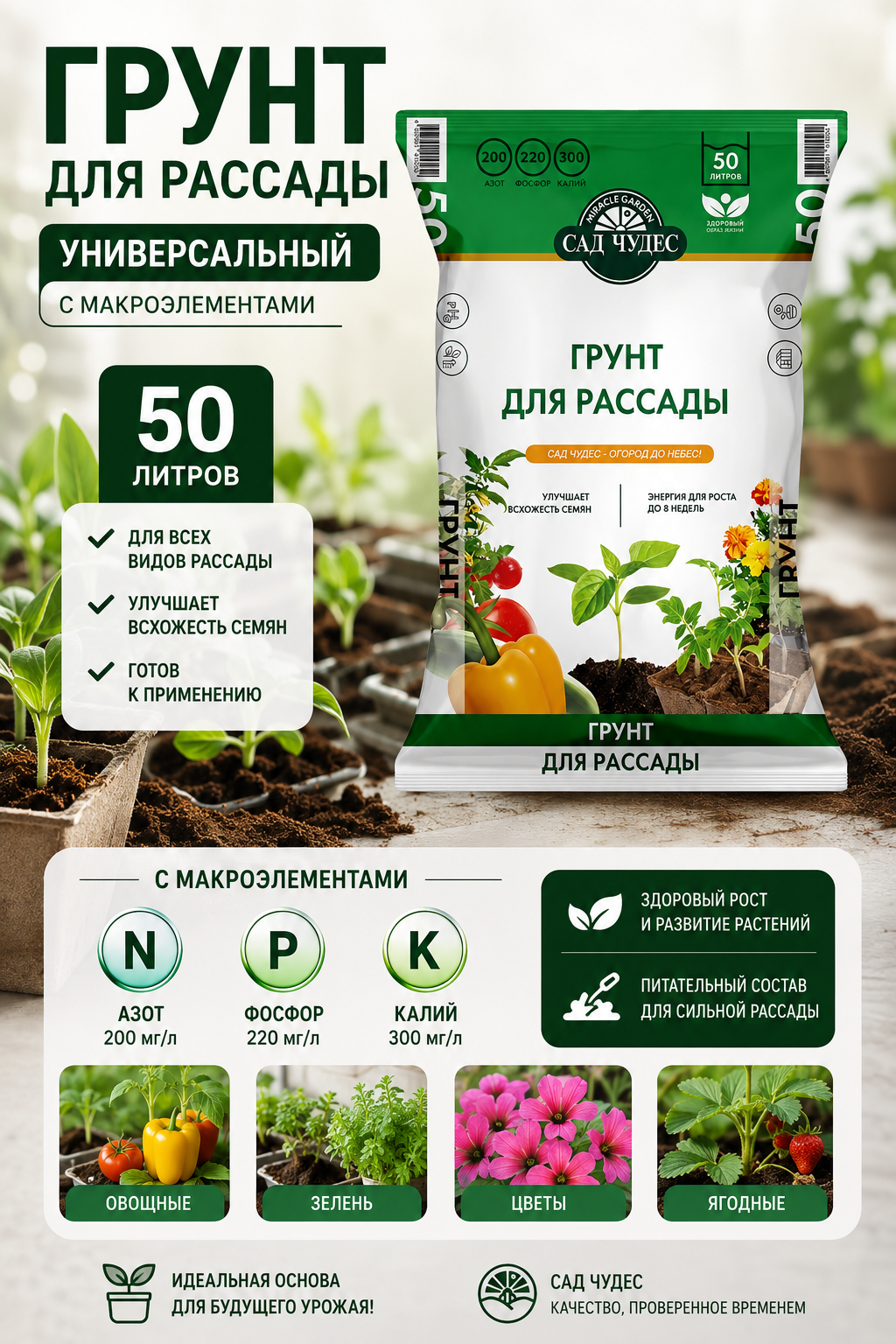 Грунт Сад чудес для рассады универсальный, 50 л, с макроэлементами