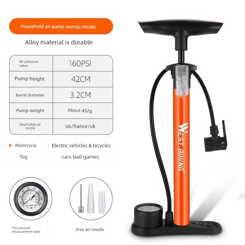Оранжевый насос для домашнего использования 160PSI с манометром для дорожных и электровелосипедов