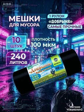 Мешки для мусора 239 л, 99.9мкм, 10 шт
