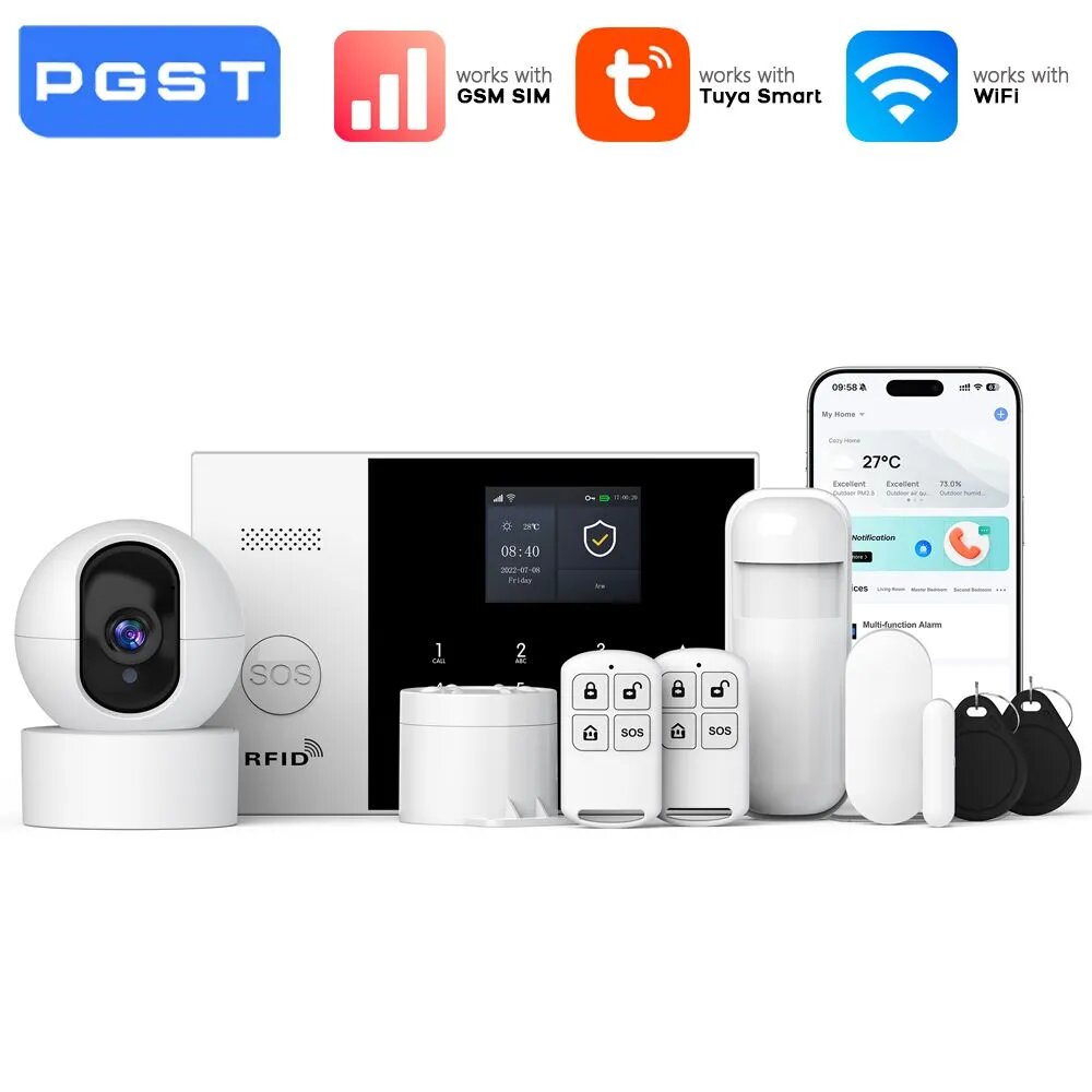 Умная сигнализация PGST Tuya WiFi GSM с беспроводными датчиками движения и IP-камерой 1080P, совместима с Alexa и Google Home