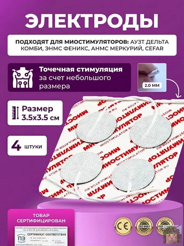 Электроды для миостимулятора круглые 3.5х3.5 см (4 шт.), разъем 2.0 мм, для Cefar, Феникс, Меркурий, Дельта Комби, для точечной стимуляции