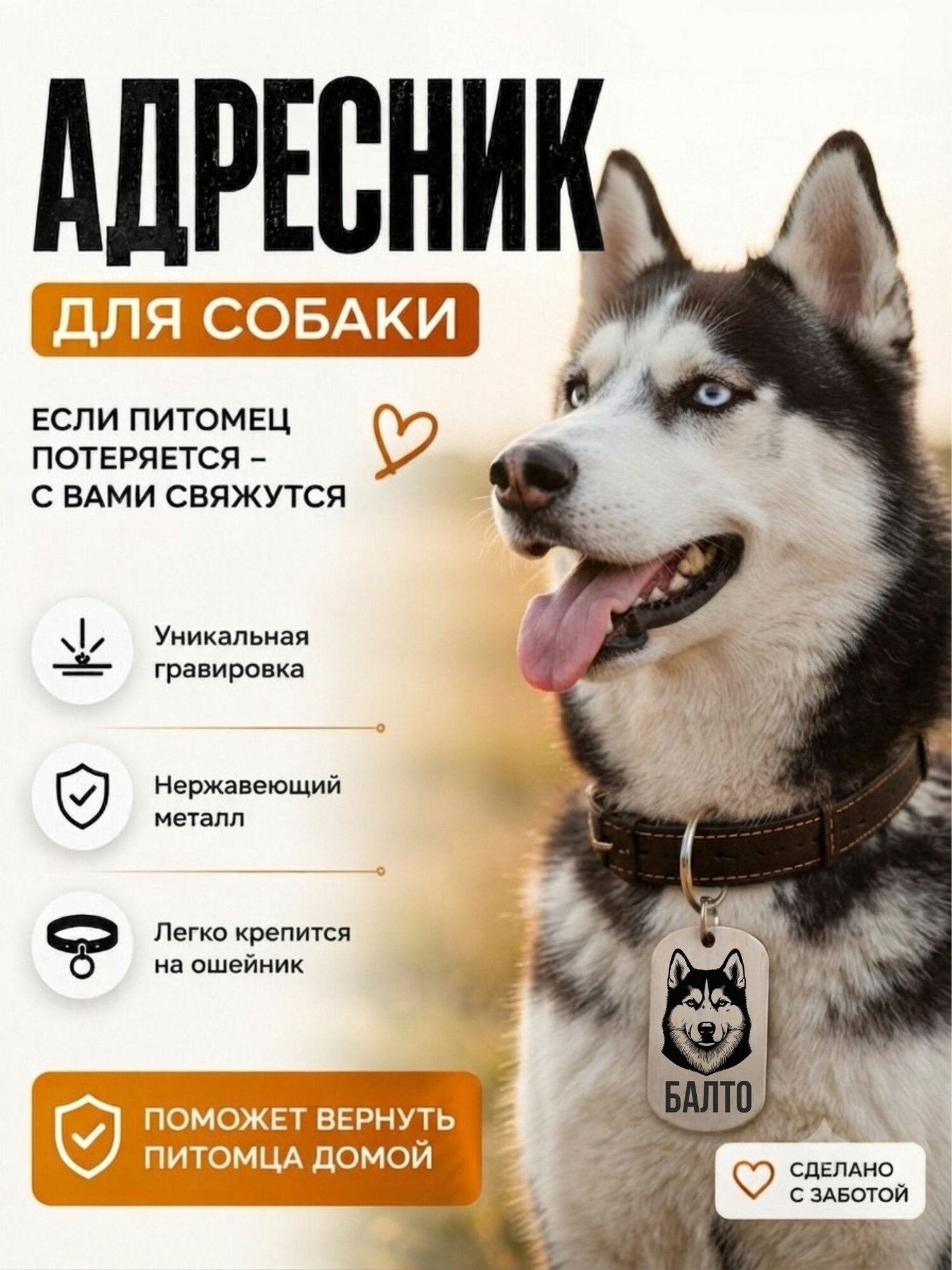 Адресник для собак породы хаски с гравировкой Балто