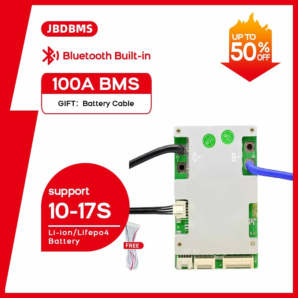 JBD Smart BMS 36V 48V 60V, 100А непрерывно, 300А пиковая 10S 11S 12S 13S 14S 15S 16S 17S Встроенный BT UART Li-ion NMC LiFePo4 BMS умная балансовая панель для LiFePO4 аккумуляторов с Bluetooth мониторингом для сборки 10S-17S батарей