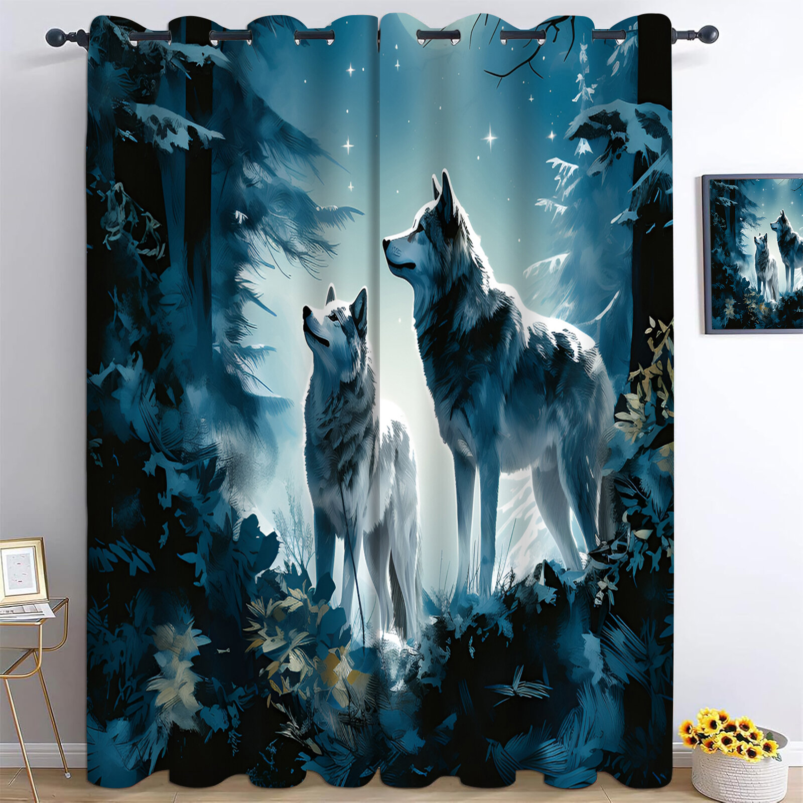 Волк Комплект штор блэкаут на люверсах 2 шт, Лес Дикое Животное 150x260cm в спальню